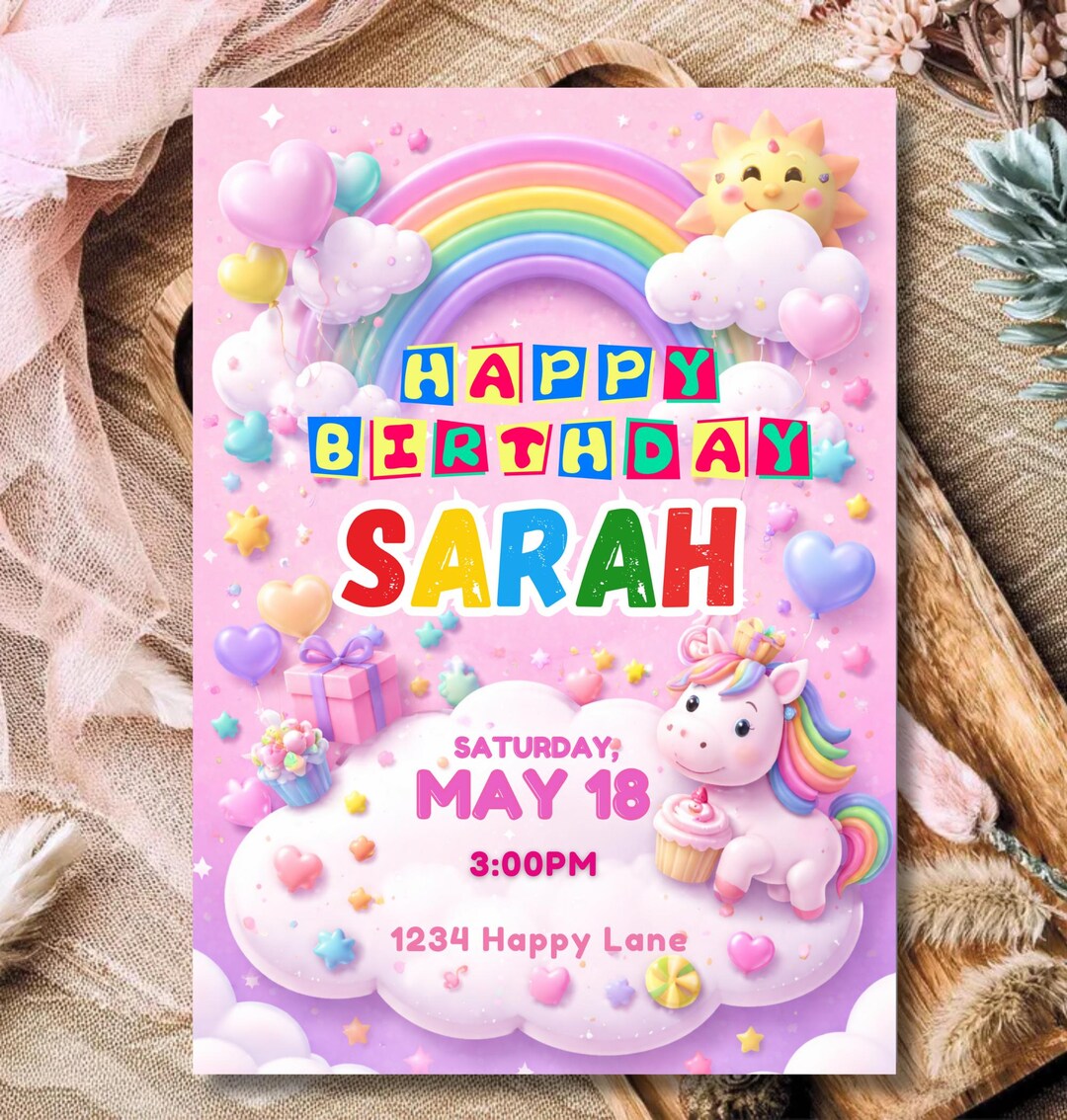 Rainbow Unicorn Birthday Invitation, Editable Kids Party Invite ...