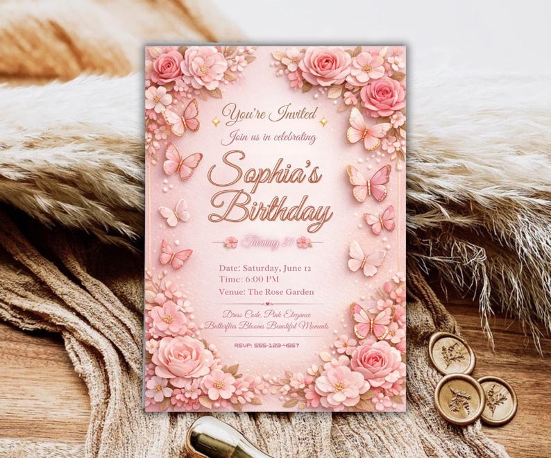 Pink Floral Birthday Invitation | Elegant Blush Party Invite (digital ...