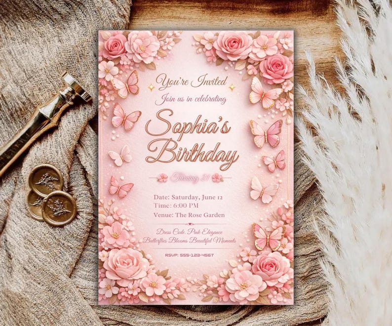 Pink Floral Birthday Invitation | Elegant Blush Party Invite (digital ...
