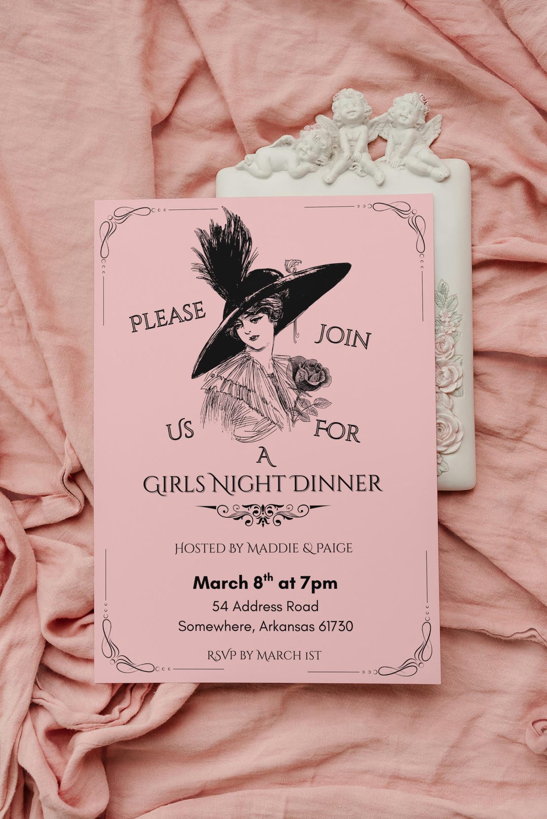 Girls Night Invitation Template, Vintage Dinner Party Invite, Editable ...