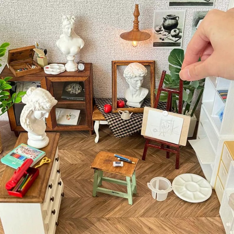 Miniature Artist Studio Set - Dollhouse Painting Supplies, Mini Easel ...
