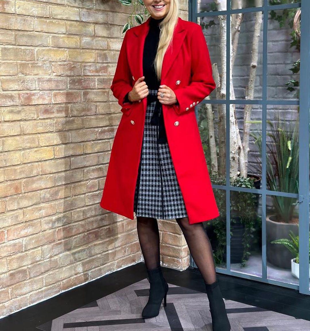 Christmas Red Wool Coat for Women, Elegant Tailored Winter Jacket, Gold ...