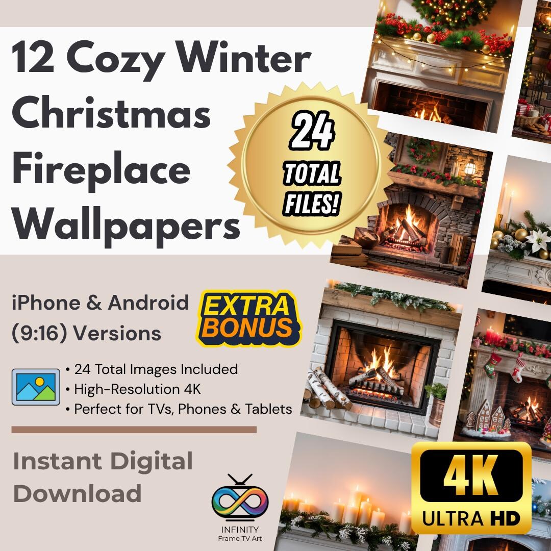 Cozy Christmas Fireplace Wallpaper – 4K Winter Mantel TV Art (digital ...