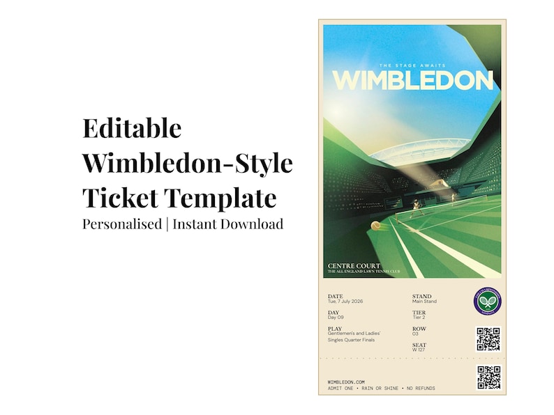 Editable Wimbledon-style Ticket Template — the Ultimate Gift for Tennis ...