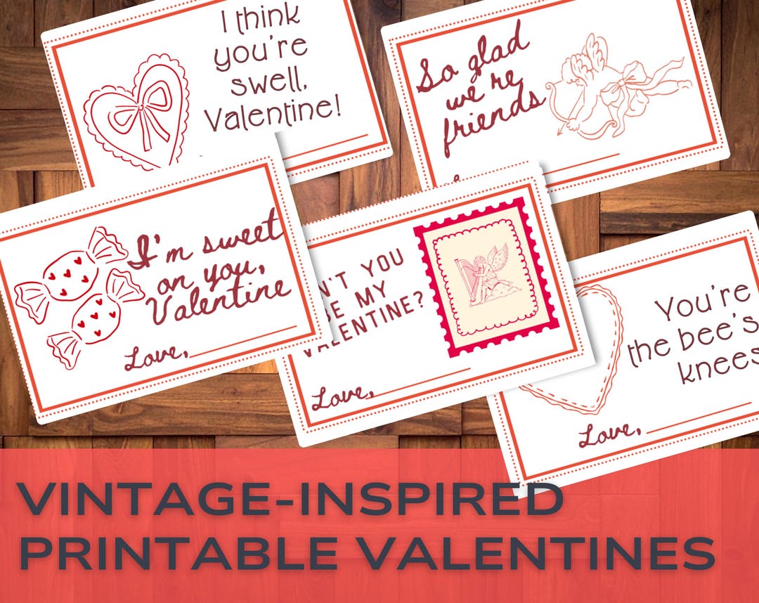 Vintage Inspired Minimal Red & White Valentine's Cards, Printable ...