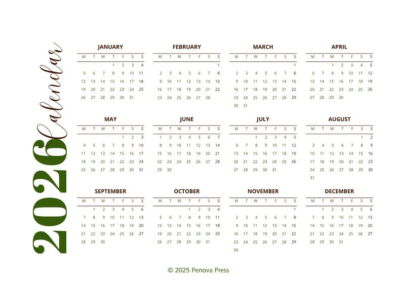 2026 Printable Calendar | Landscape | A3-A4-A5 | Instant Download - Etsy