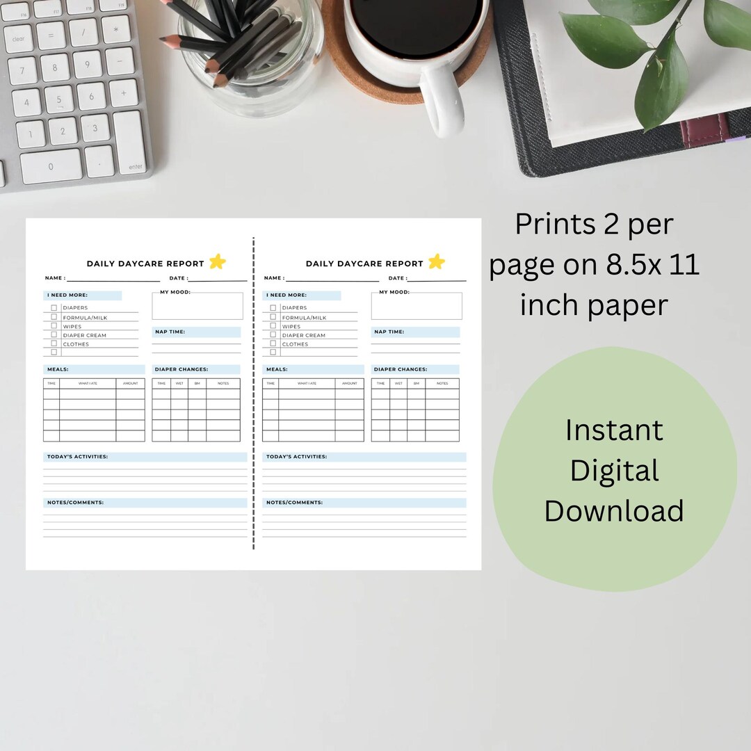 Daily Daycare Report 2-per-page | Printable Child Care Form | Instant ...
