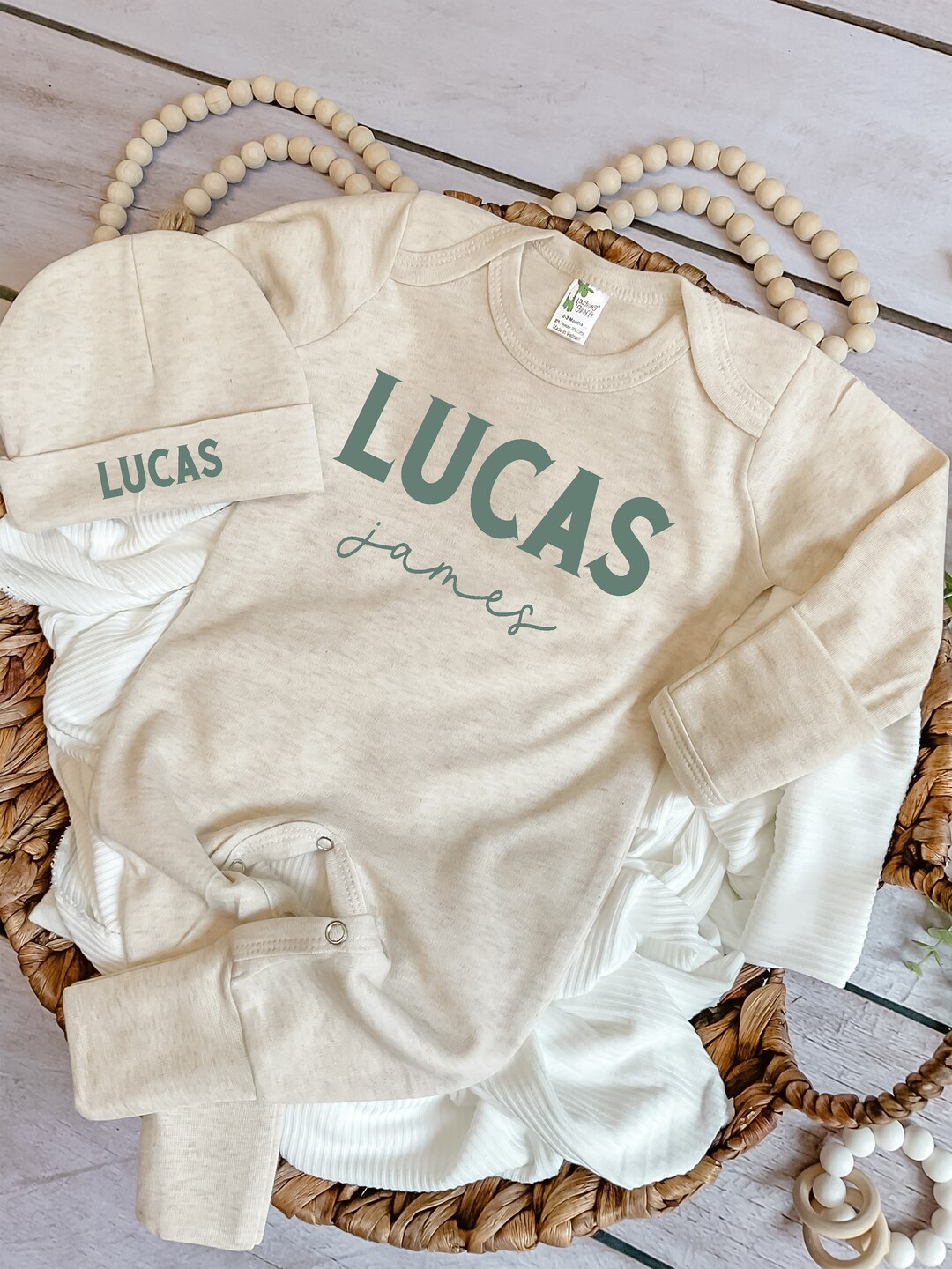 Personalized Green and Beige Newborn Outfit, Woodland Baby Boy Coming ...