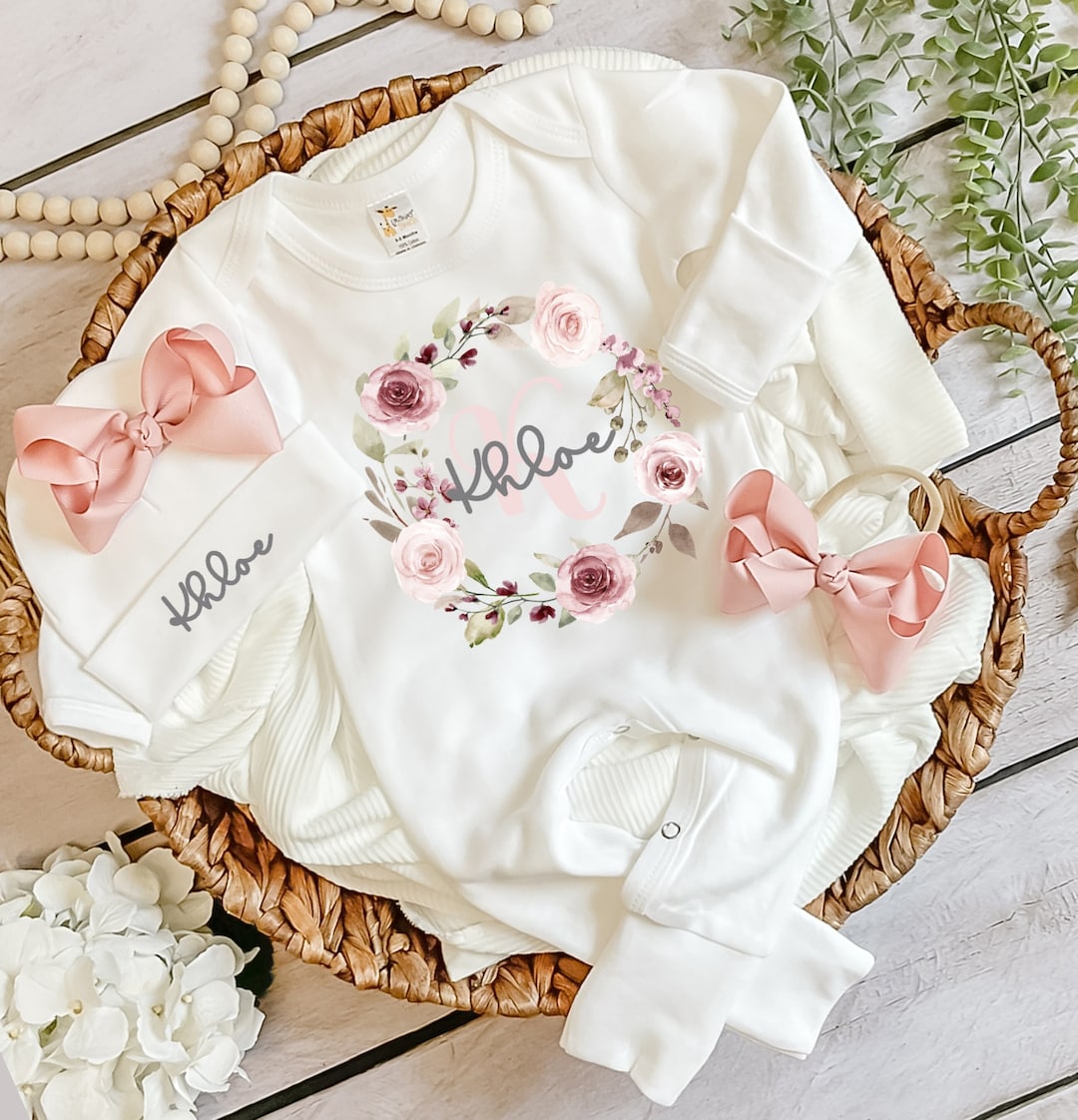 Baby Girls Personalized Coming Home Outfit - Pink Floral Name Romper and Hat Set - Unique Baby ...
