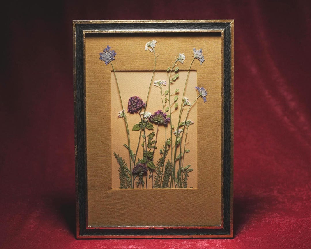 Pressed Flower Artwork - Meadow With Gold Leaf Details & Fabric ...