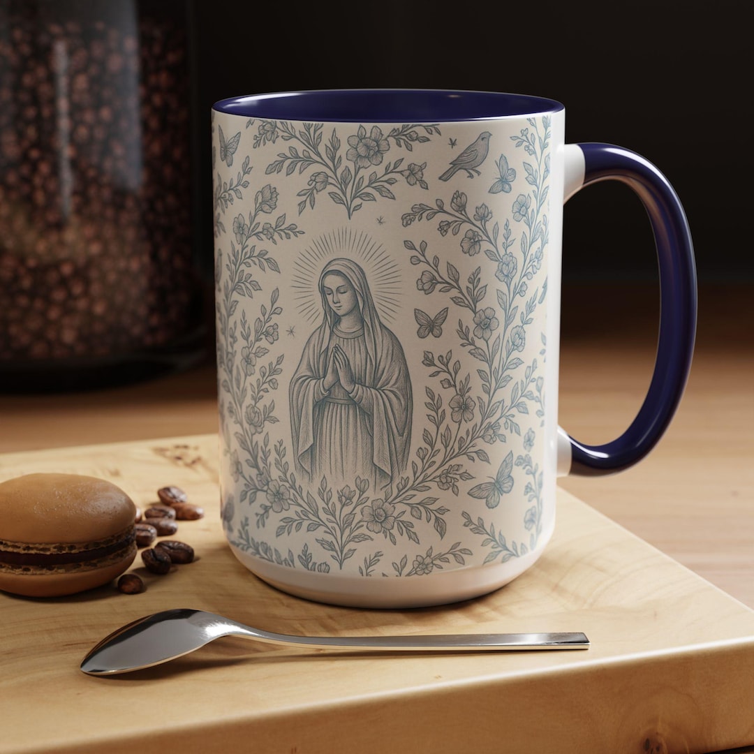 Virgin Mary Mug I Blue Toile De Jouy Catholic Coffee Cup I Marian ...
