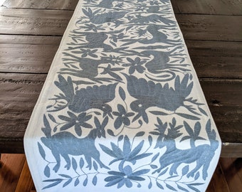 Hand Embroidered Otomi Table Runner: Blue Mexican Textile Art (75" X 17 ...