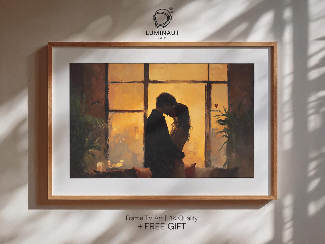 Valentine’s Day Window Kiss Frame TV Art, Golden Dusk Romantic Oil ...