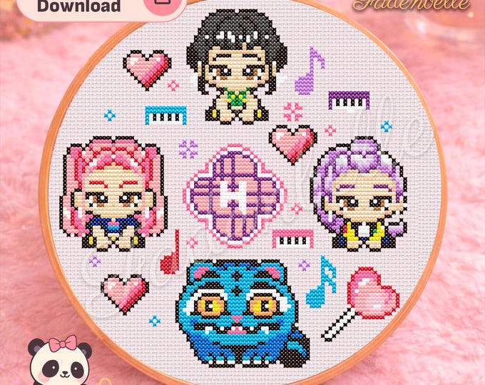 K-pop Idol Inspired Cross Stitch Pattern • Chibi Singers & Monster ...