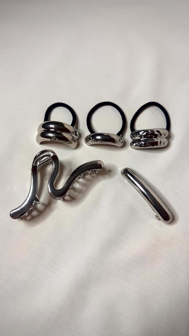 Silver Hair Clip Accessory Set, Minimalist Claw Clips, Elastics ...