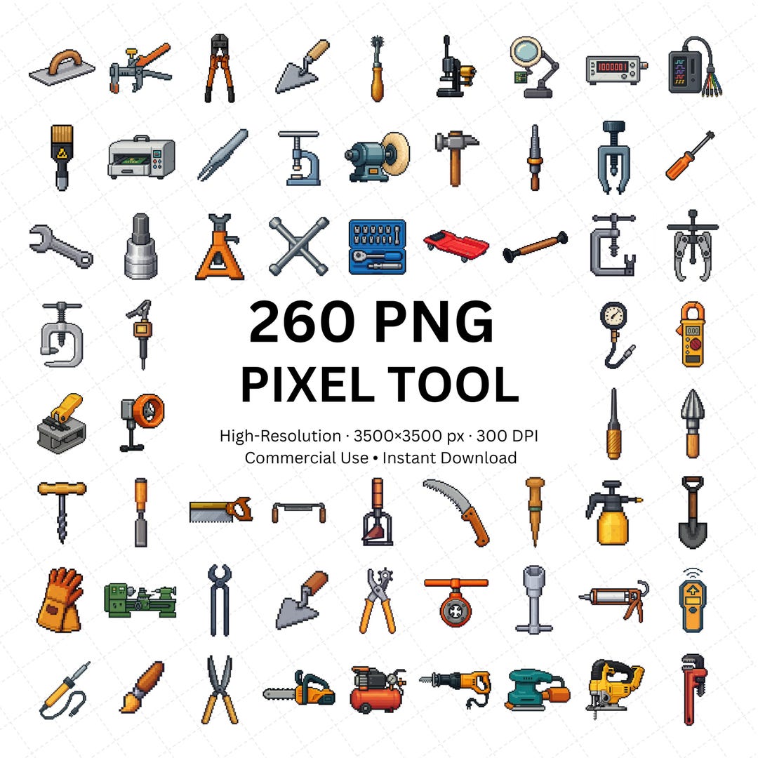 Pixel Tool PNG Bundle, 260 Construction & Workshop Icons Clipart, Hand ...