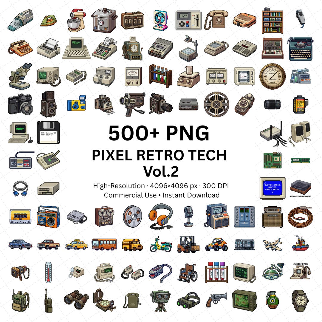 Pixel Retro Tech Vol.2 PNG Clipart Bundle • 500+ Pixel Icons • Vintage ...