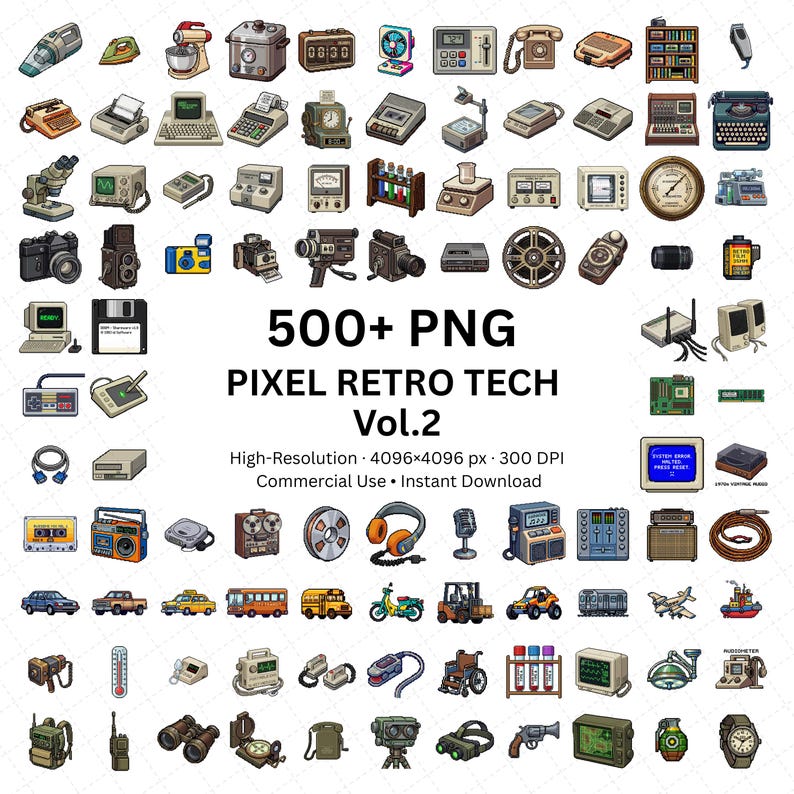 Pixel Retro Tech Vol.2 PNG Clipart Bundle • 500+ Pixel Icons • Vintage ...