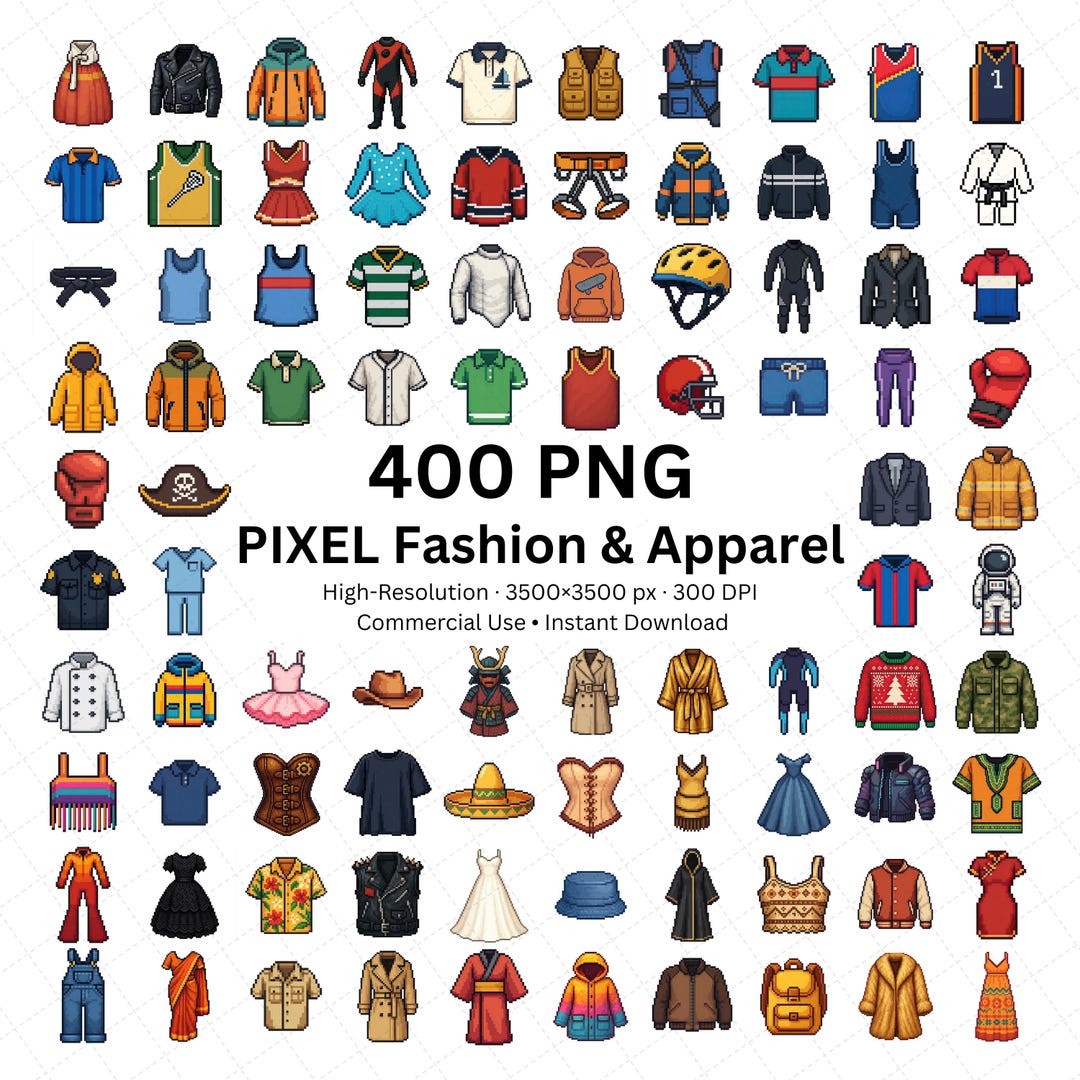 Pixel Fashion and Apparel PNG Bundle, 400 PNG Clipart Icons, Clothing ...