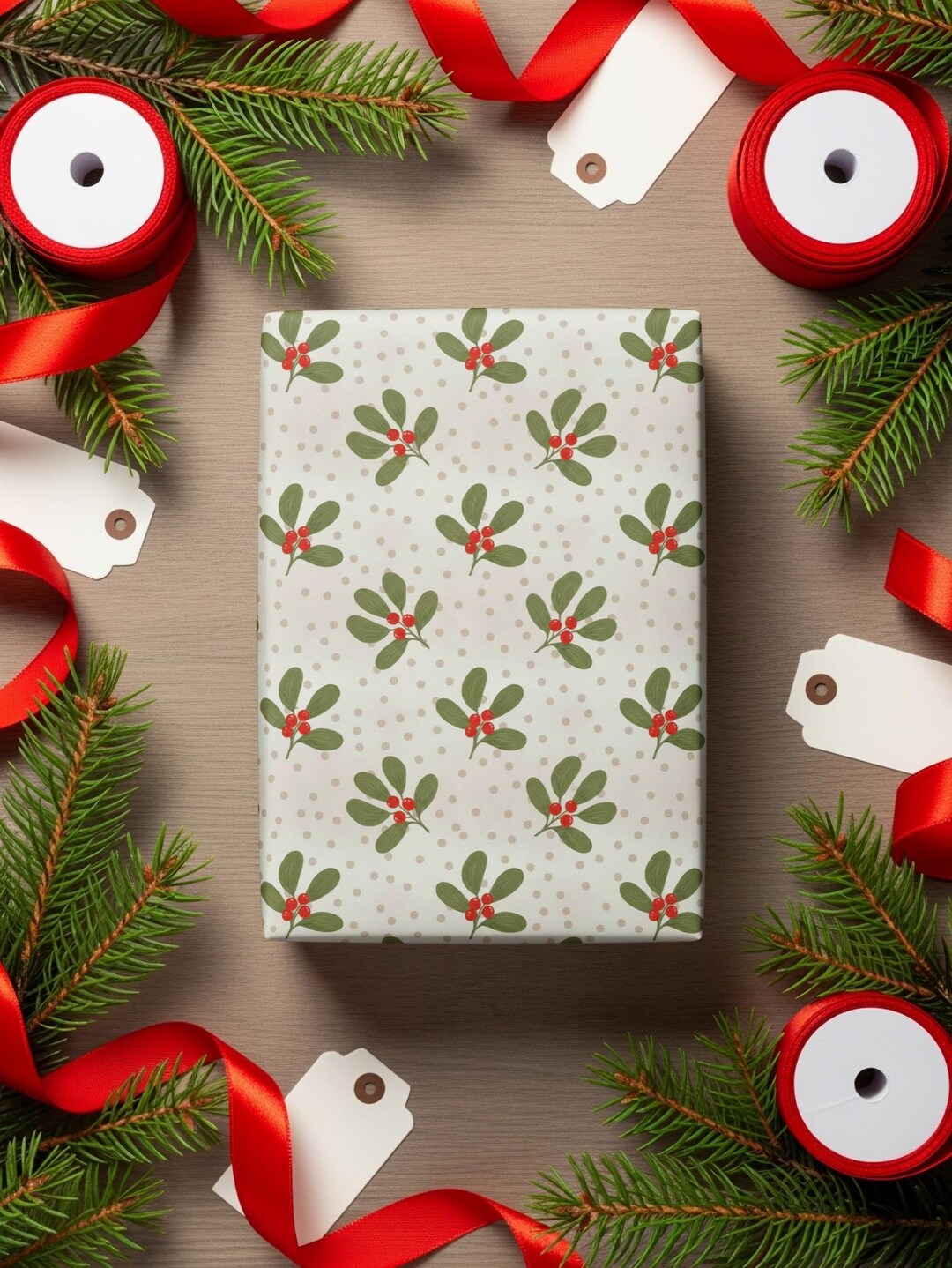 Mistletoe Christmas Wrapping Paper, Holiday Gift Wrap, Festive Paper ...