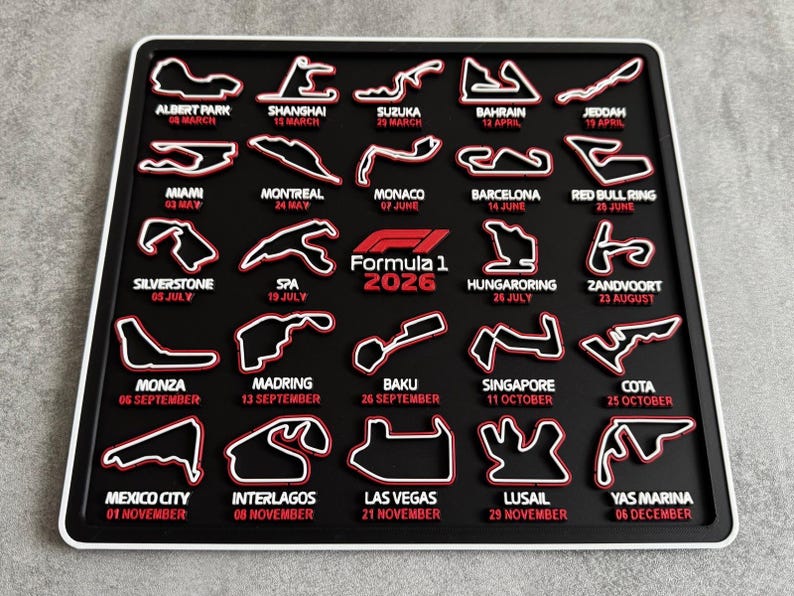 F1 2026 Track Calendar Display | Formula 1 Circuit Outline Board With ...