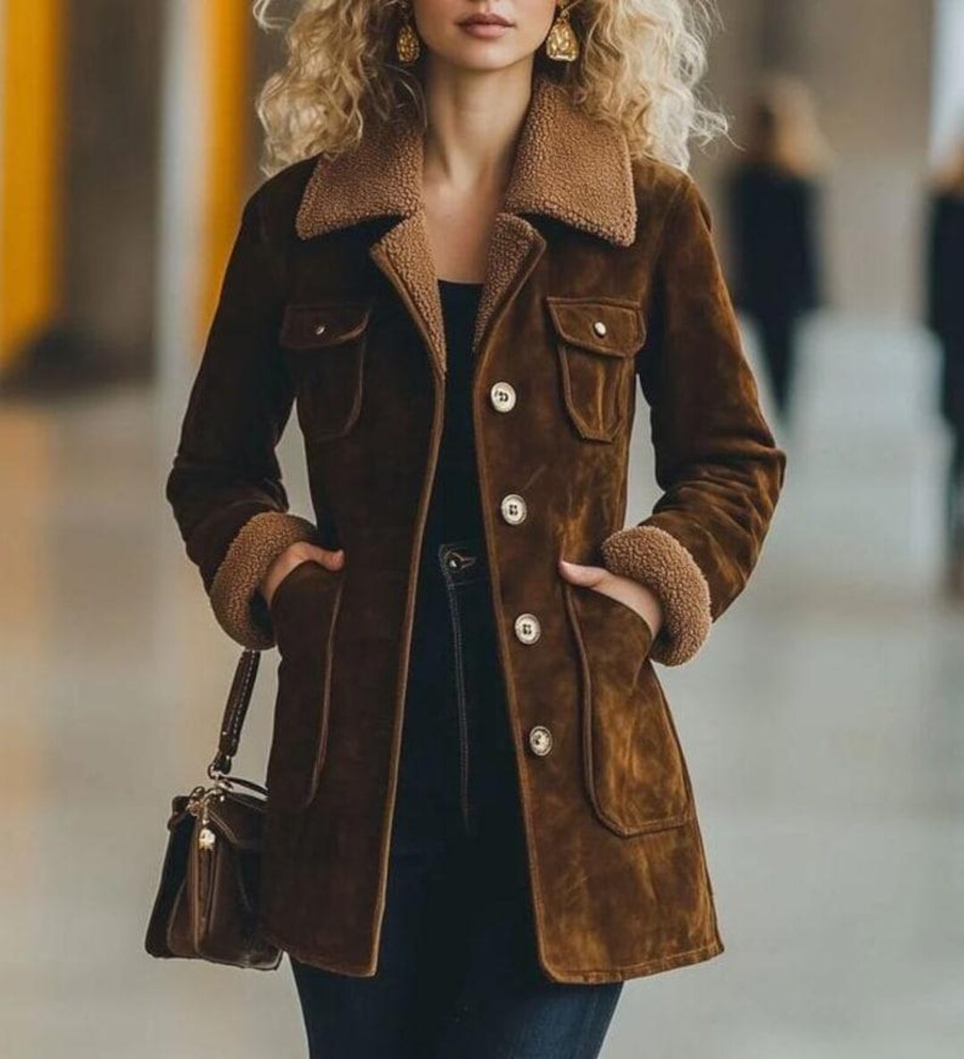 Women’s Brown Real Suede Shearling Coat Handmade Vintage Style Long ...