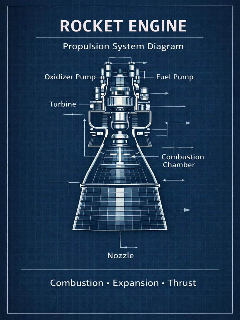 Rocket Engine Blueprint Poster – Propulsion System Diagram, Space ...