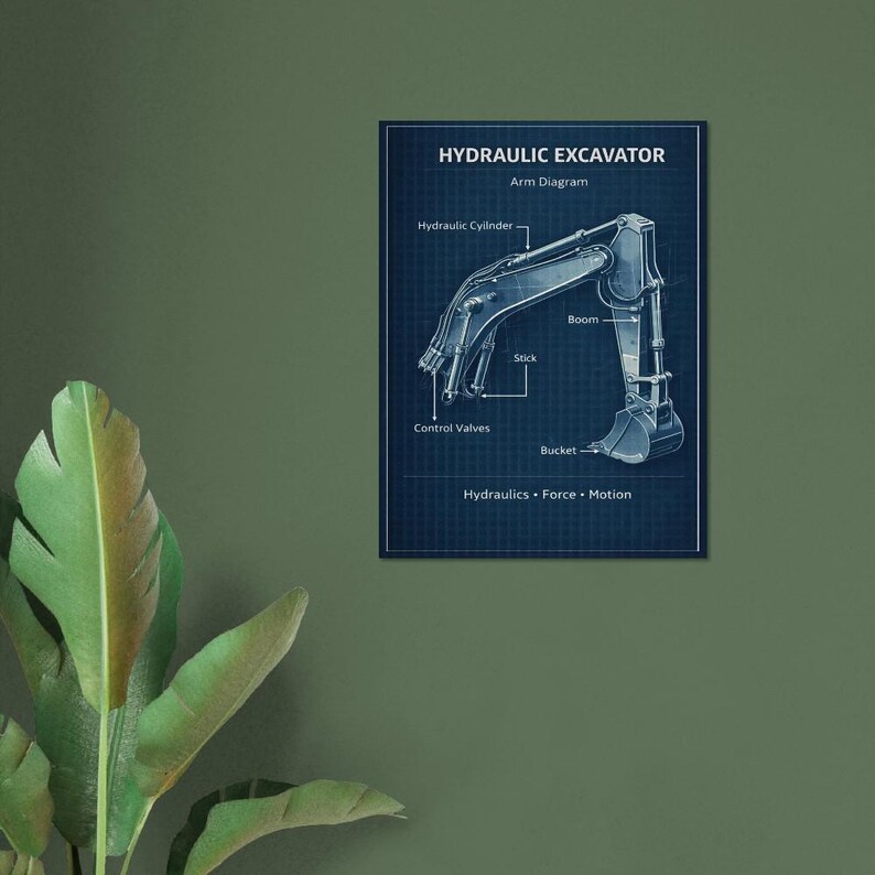 Hydraulic Excavator Blueprint Poster – Arm Diagram Engineering Wall Art ...