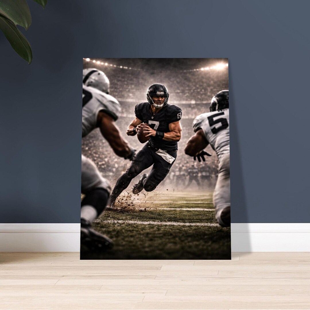 Dramatic Black & White Football Poster – Minimalist Quarterback Stadium ...