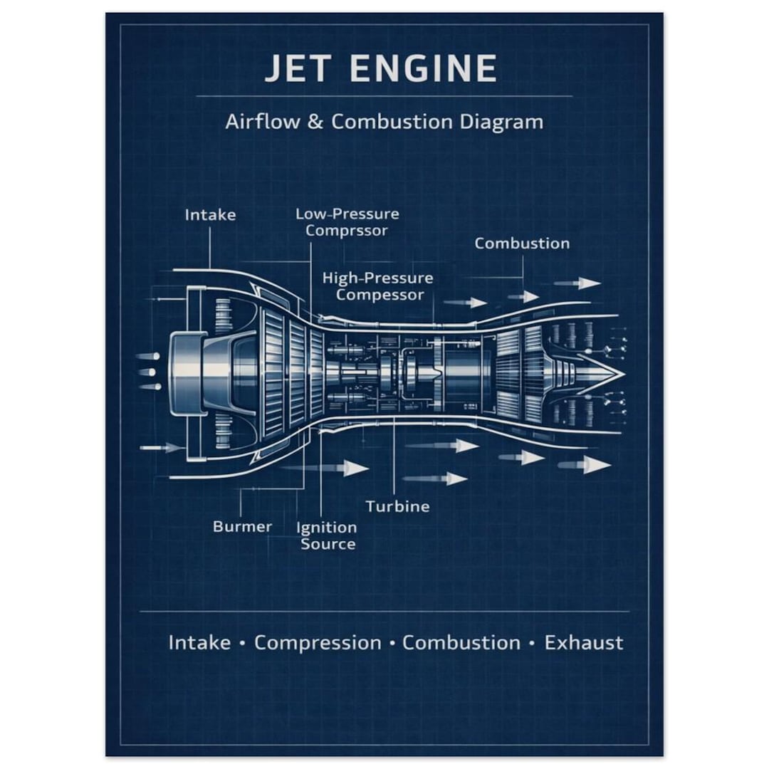 Jet Engine Blueprint Diagram Poster - Vintage Aviation Engineering Wall ...