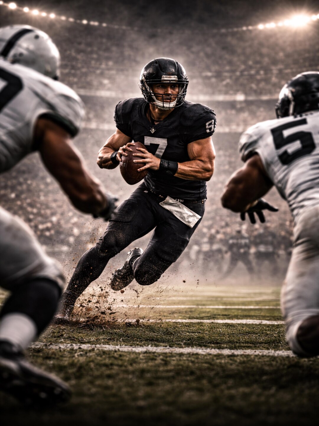 Dramatic Black & White Football Poster – Minimalist Quarterback Stadium ...