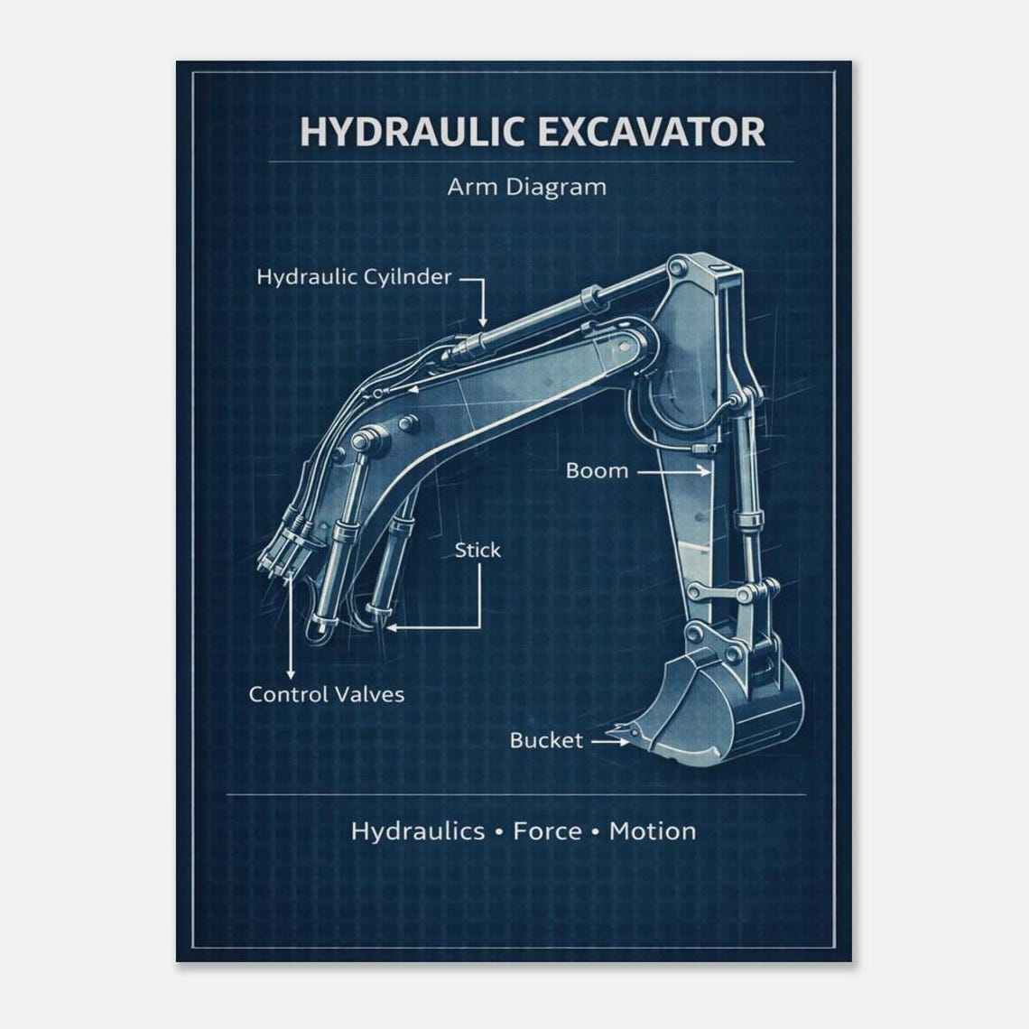 Hydraulic Excavator Blueprint Poster – Arm Diagram Engineering Wall Art ...