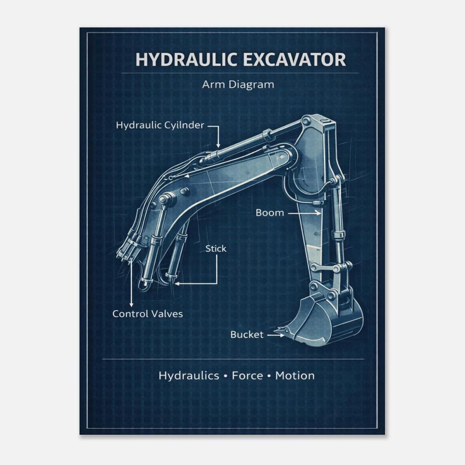 Hydraulic Excavator Blueprint Poster – Arm Diagram Engineering Wall Art ...