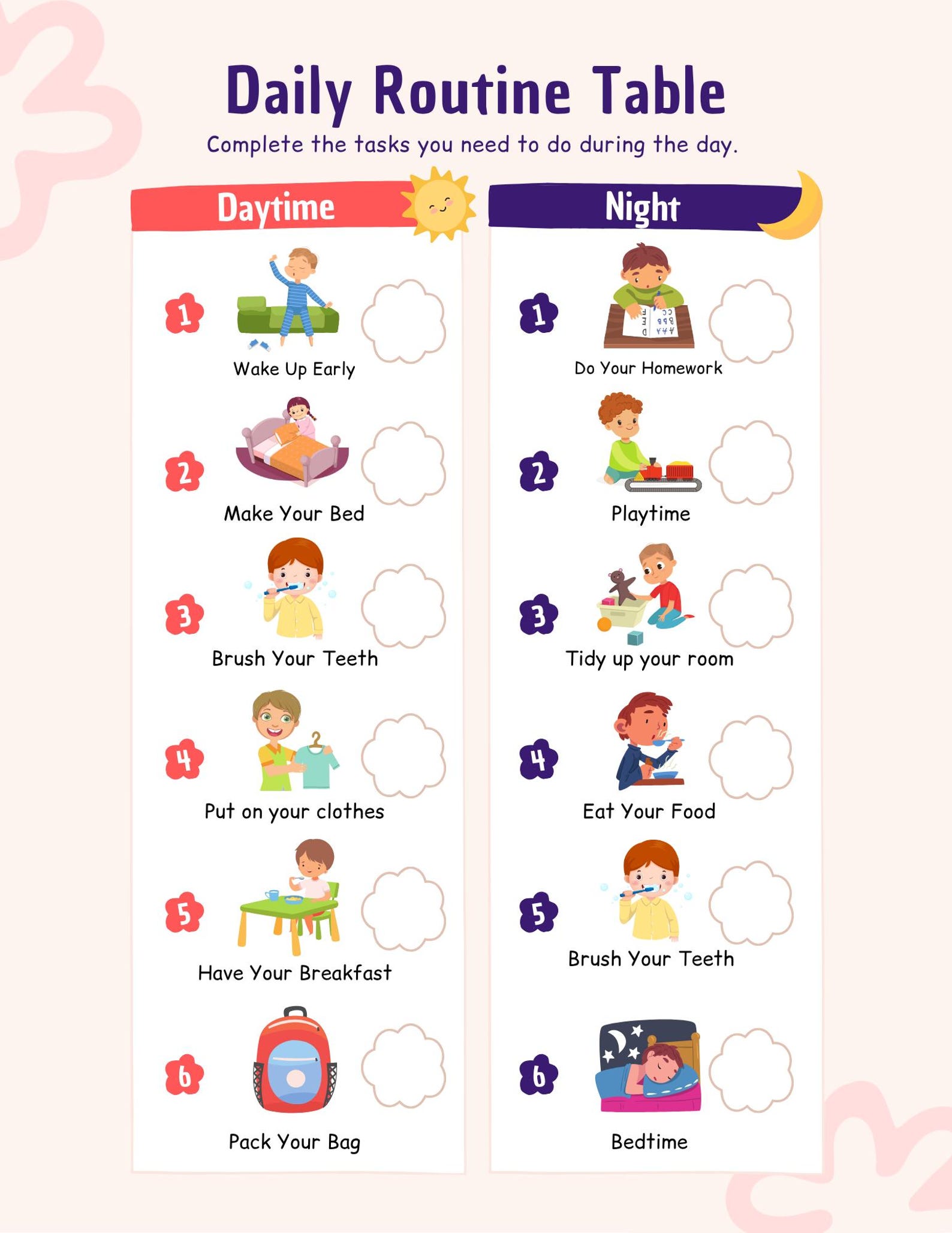 Kids' Daily Routine Chart: Day & Night Visual Schedule. Printable ...