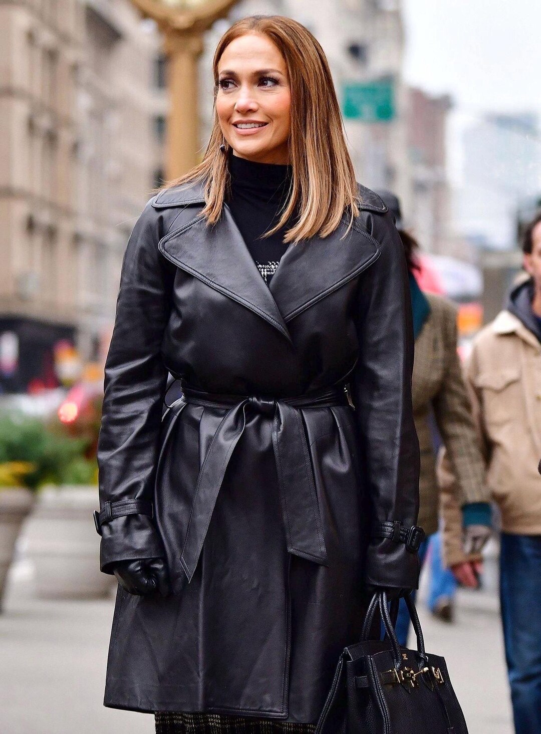 Jennifer Lopez J.lo Style Black Leather Trench Coat - Belted Long ...