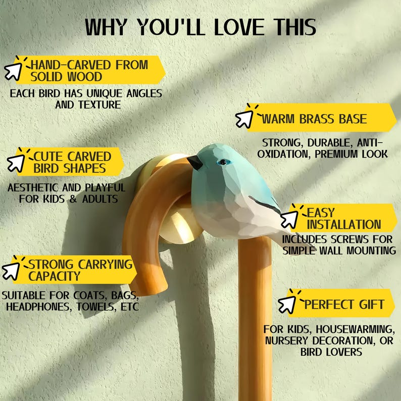 Handmade Wood Blue Bird Wall Hooks Kids Room Coat Hooks Brass Wall ...