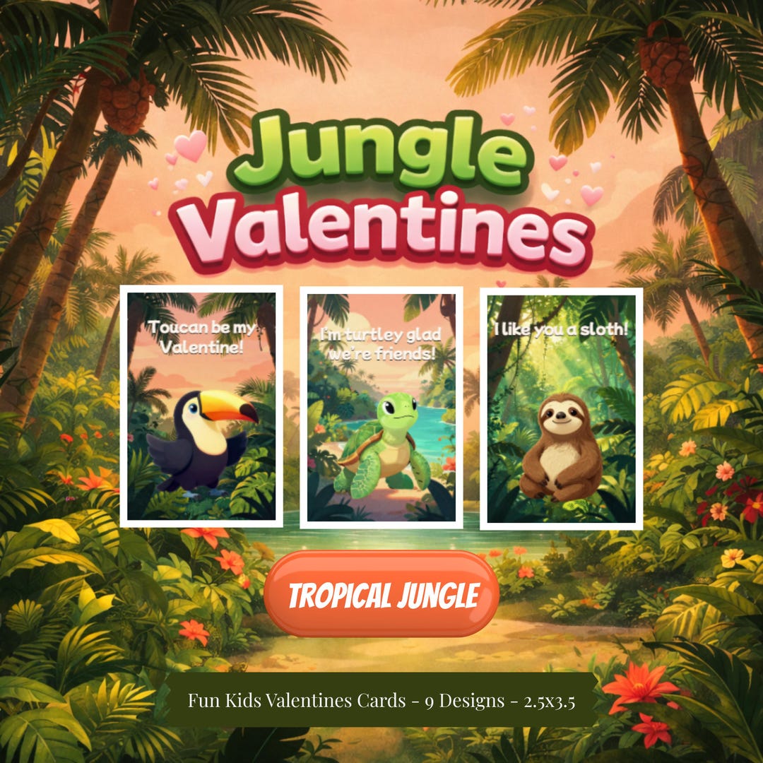 Jungle Valentine Cards Printable Kids Tropical Animal Valentines - Etsy