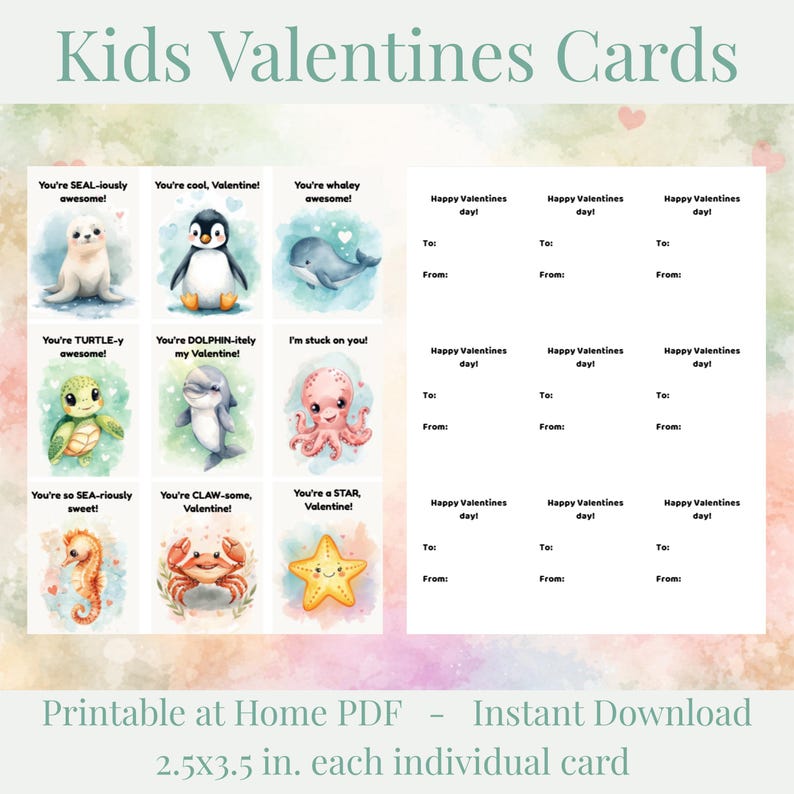 Ocean Animal Valentine Cards for Kids – 9 Printable Ocean Classroom ...