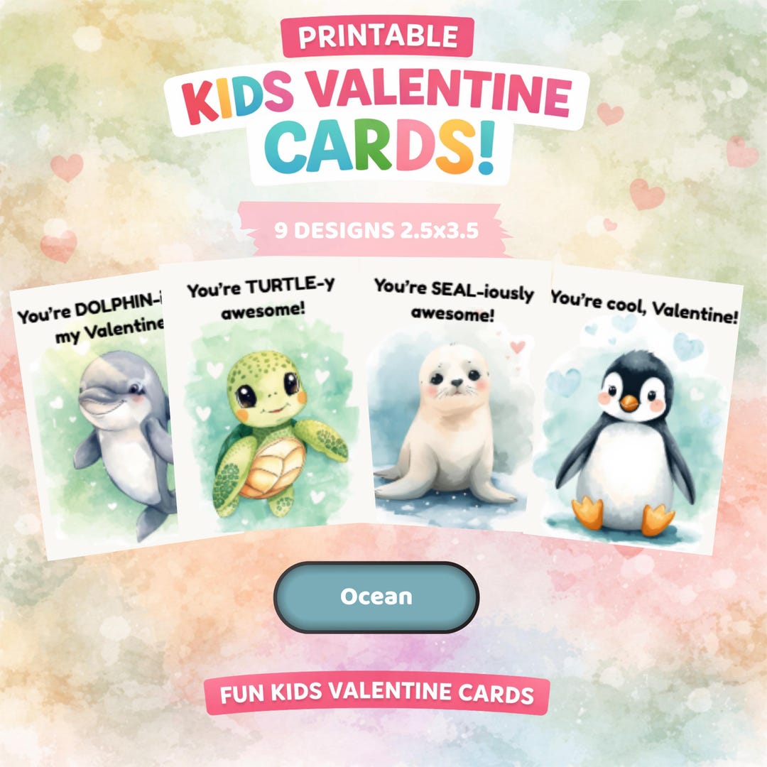 Ocean Animal Valentine Cards for Kids – 9 Printable Ocean Classroom ...