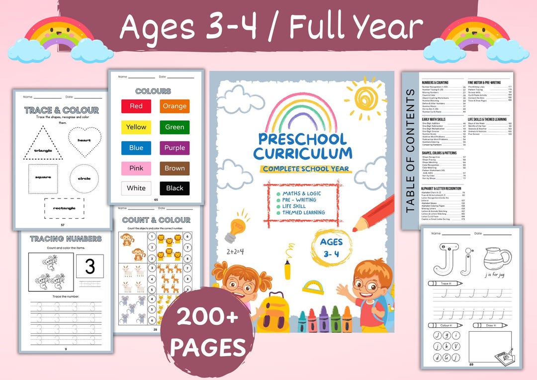 200 Preschool Curriculum Worksheets, Back to School Bundle Ages 3-4 ...