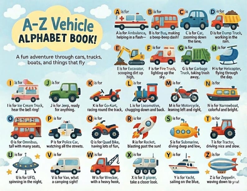 Vehicle Alphabet Coloring Page A-Z – Transportation Learning (PDF ...