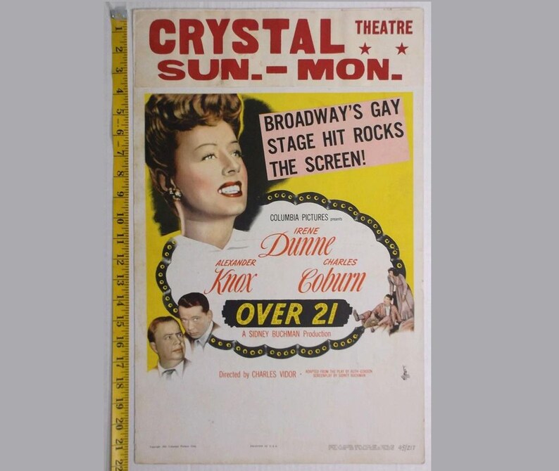 Vintage 1945 OVER 21 Movie Poster/window Card ~ IRENE DUNNE ~ Crystal ...