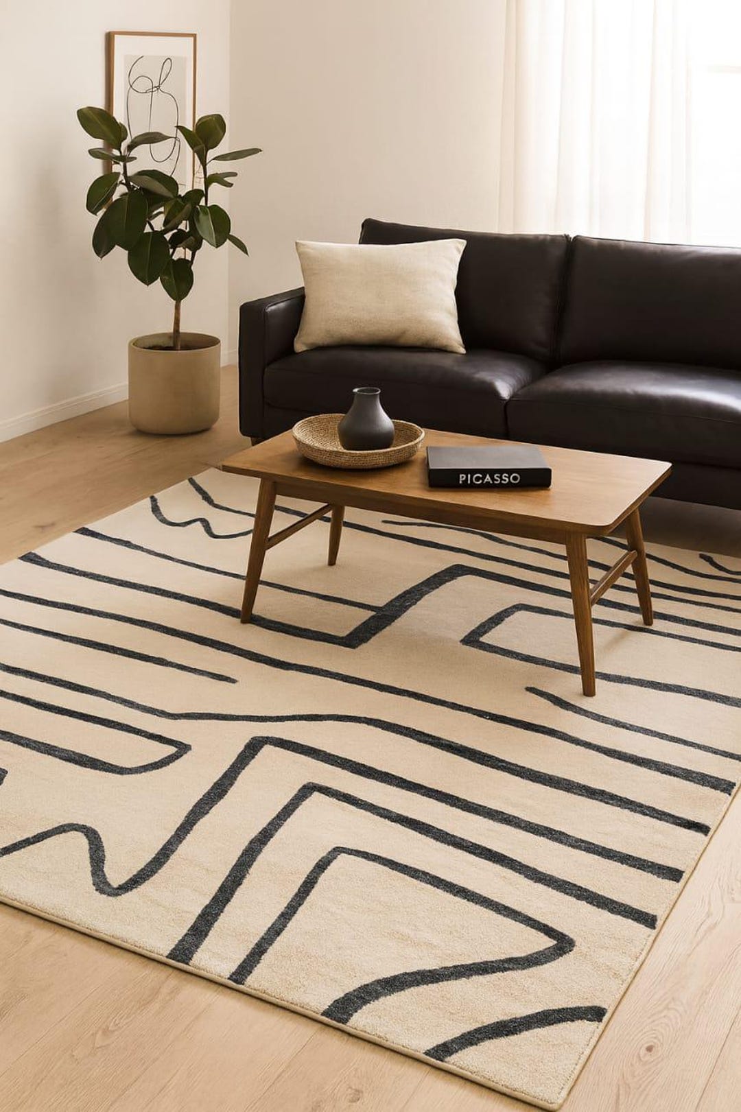 Hand Tufted Wool Area Rug – Abstract Doodle, Modern Black Cream - Etsy