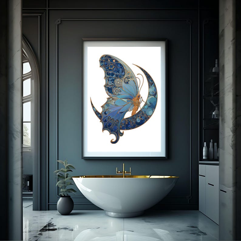 Lunar Butterfly XIV - Indigo Veil | Art Nouveau Wall Art | Elegant ...