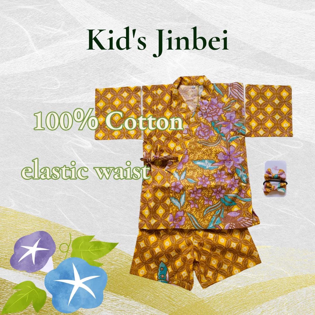 Kids Japanese Jinbei Set With Matching Hair Bows | 100% Cotton | Summer ...