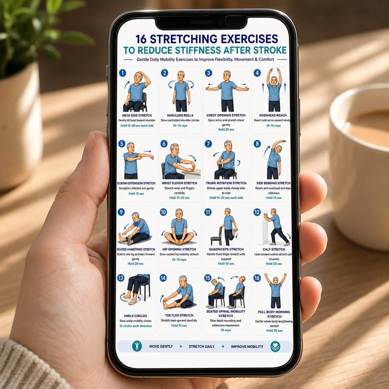 Stroke Recovery Exercises Poster, 16 Mobility Stretches (PDF Download ...