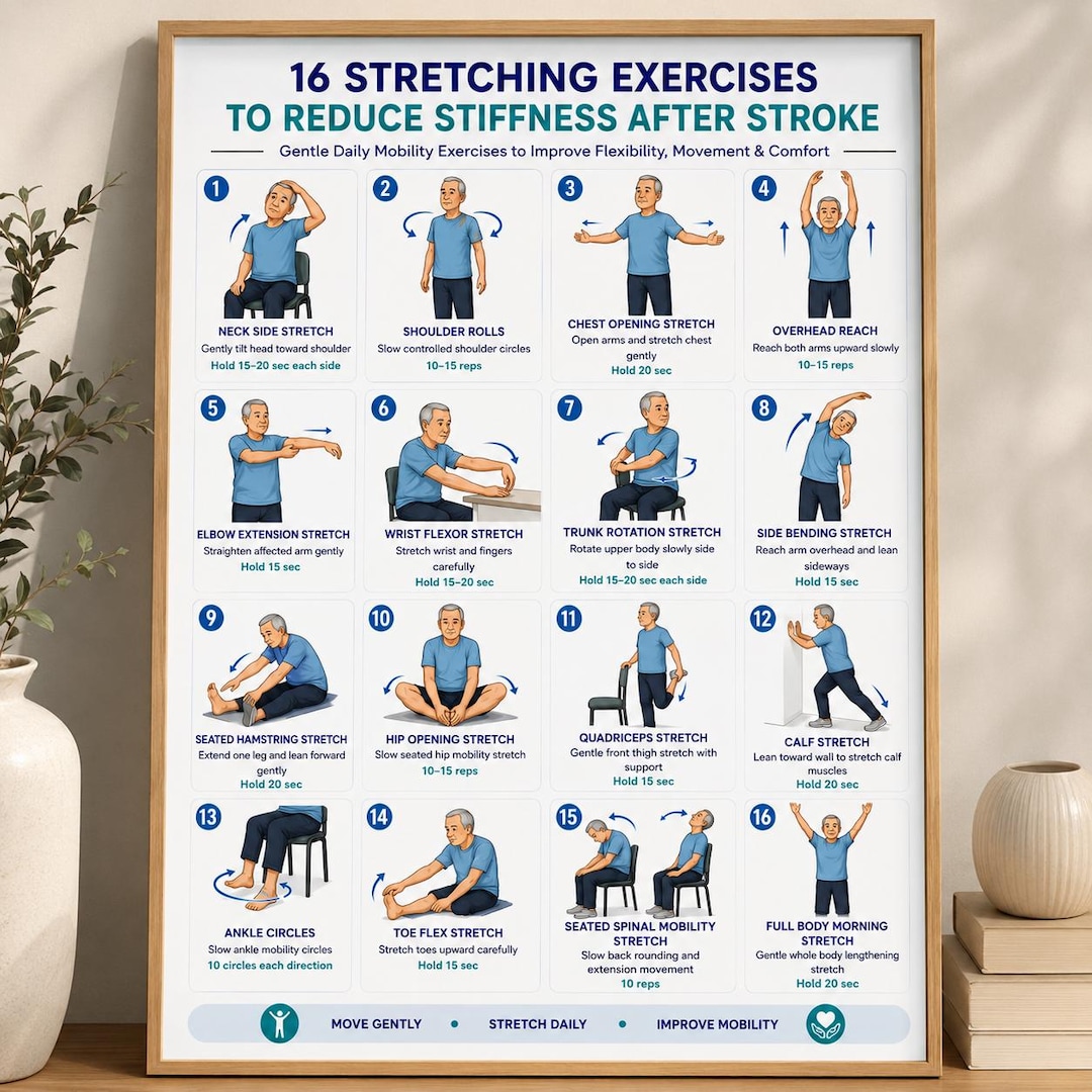 Stroke Recovery Exercises Poster, 16 Mobility Stretches (PDF Download ...