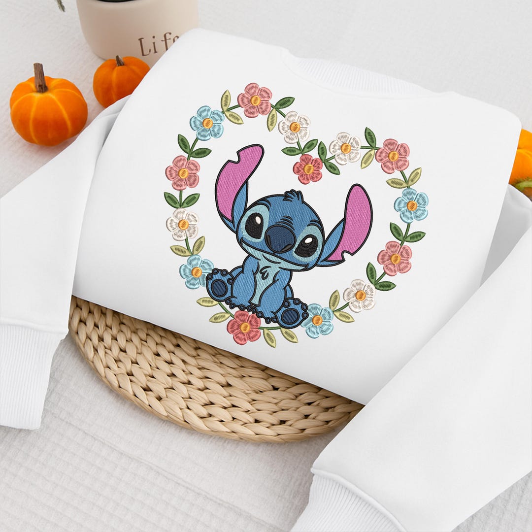 Cute Blue Stitch Embroidery Design, Floral Heart Cartoon Character ...