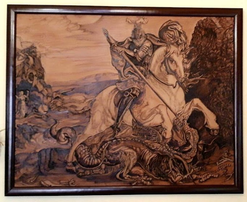 Original Leather Pyrography of Saint George and the Dragon – Hand ...