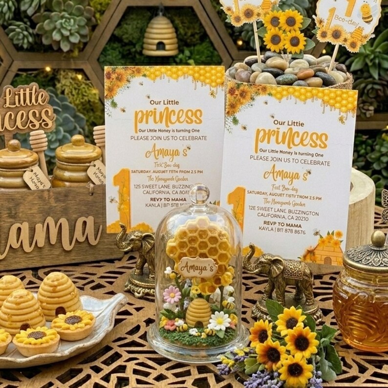 Bee Birthday Invitation Canva Template, Our Little Honey First Bee Day ...